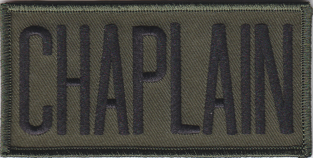 CHAPLAIN Black on OD Green Front Panel Patch 2" X 4"