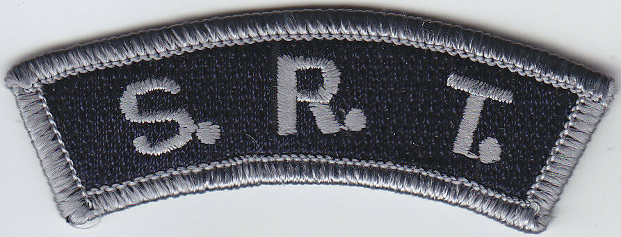S.R.T. Rocker patch silver grey lettering on dark navy blue